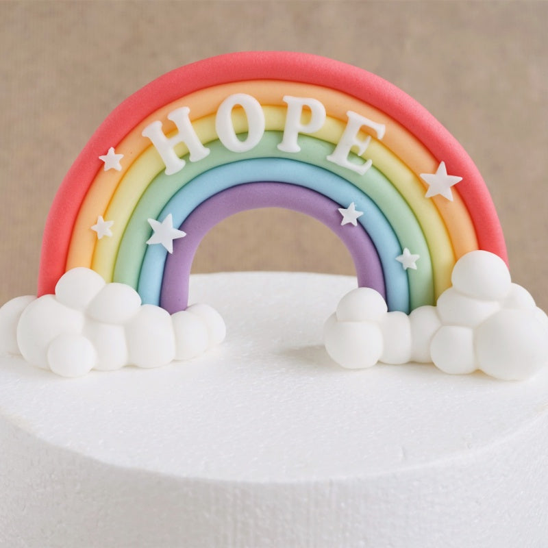 Pastel fondant rainbow cake topper with clouds and name – Love.Sugar.Art